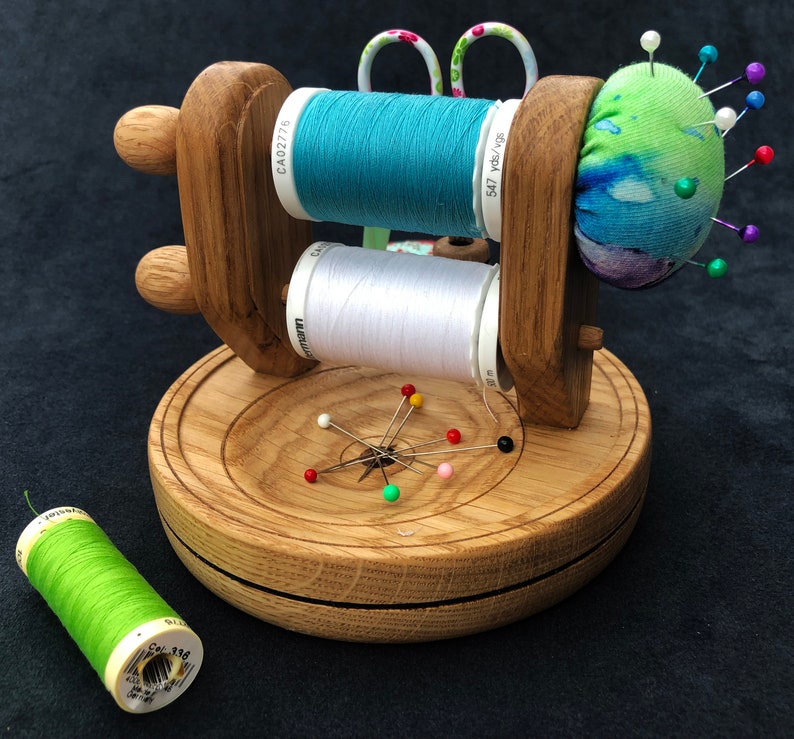 Handmade Oak Sewing Station: Double Spool, Pin Cushion & Scissor Holder ...