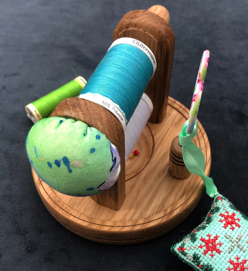 Handmade Oak Sewing Station: Double Spool, Pin Cushion & Scissor Holder ...
