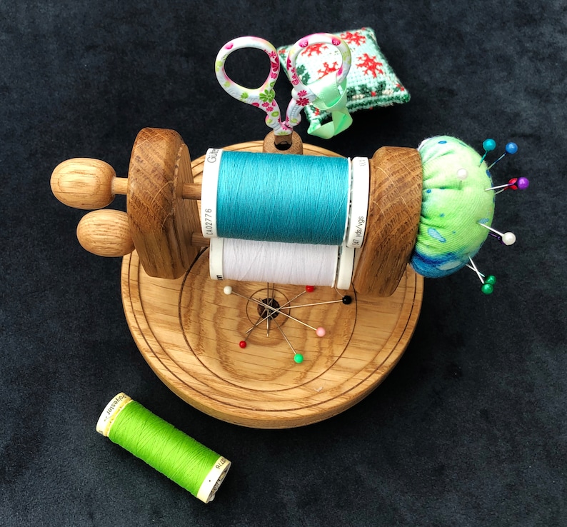 Handmade Oak Sewing Station: Double Spool, Pin Cushion & Scissor Holder ...