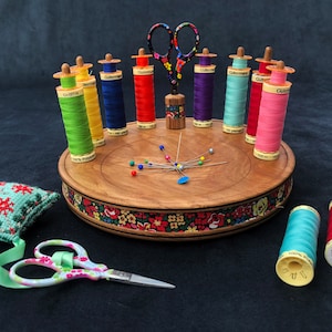 Liberty Fabric Sewing Work Station: Oak 8 Spool & Scissor Holder - Etsy