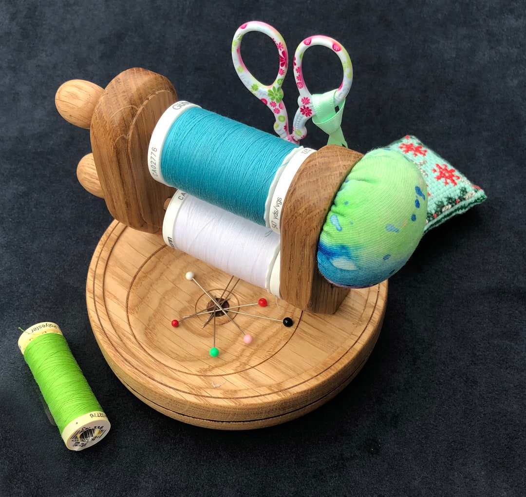 Handmade Oak Sewing Station: Double Spool, Pin Cushion & Scissor Holder ...