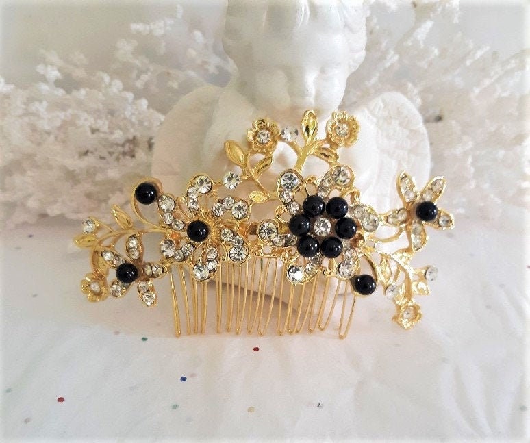 Rhinestone Black And Gold Hair Comb Rhinestone Hairpiece Etsy