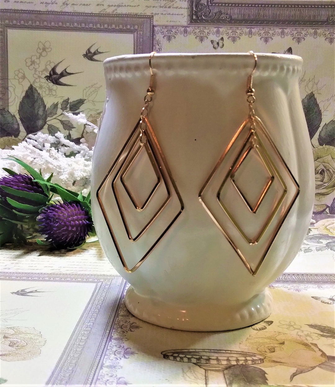 Gold Rhombus Earrings, Layered Gold Earrings, Dangle Earrings ...