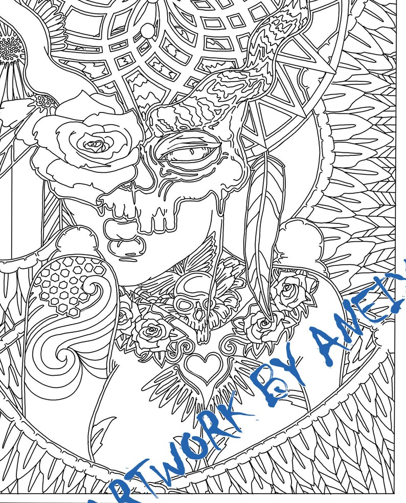 Adult Coloring Page Pdfa Fallen Angels Dreamcatcher Held by Its Horns ...