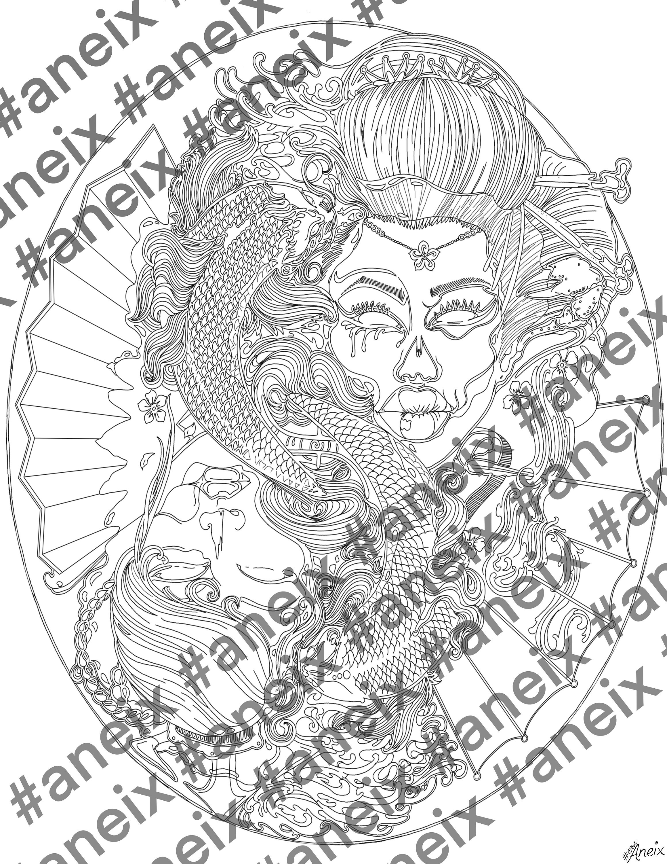 Pisces Twin Geisha Reversible Coloring Page - Etsy