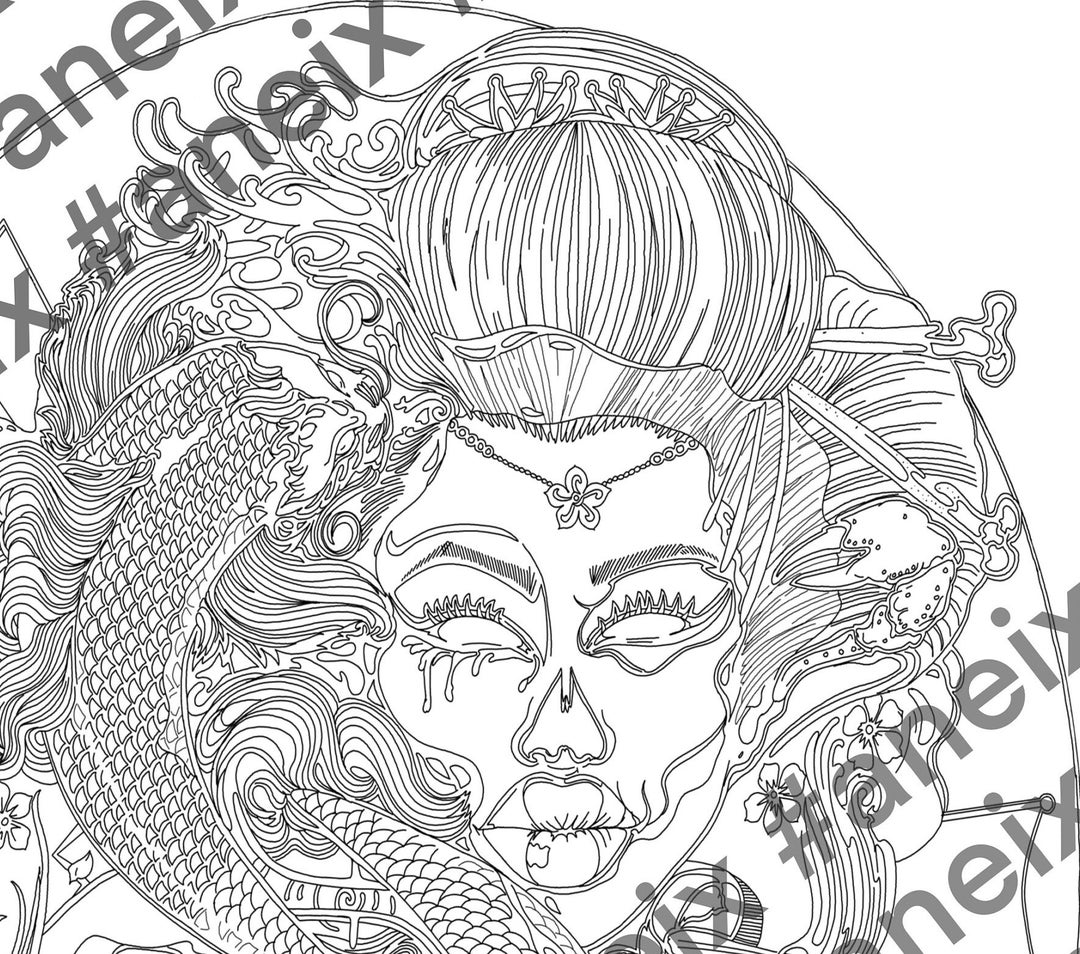 Pisces Twin Geisha Reversible Coloring Page - Etsy