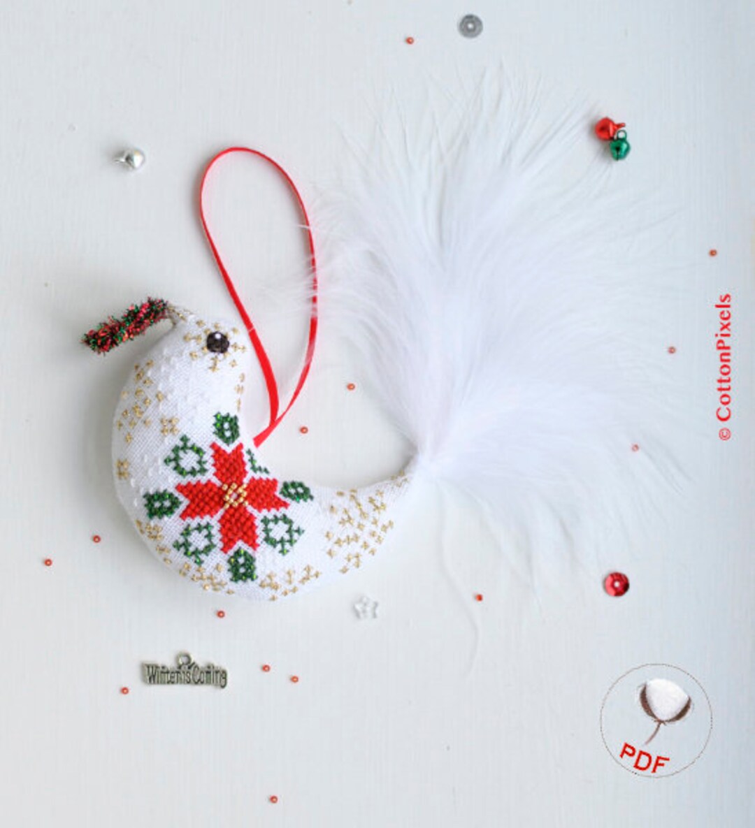 Winter Bird 3D Christmas Tree Decoration Cross Stitch Digital Pattern ...
