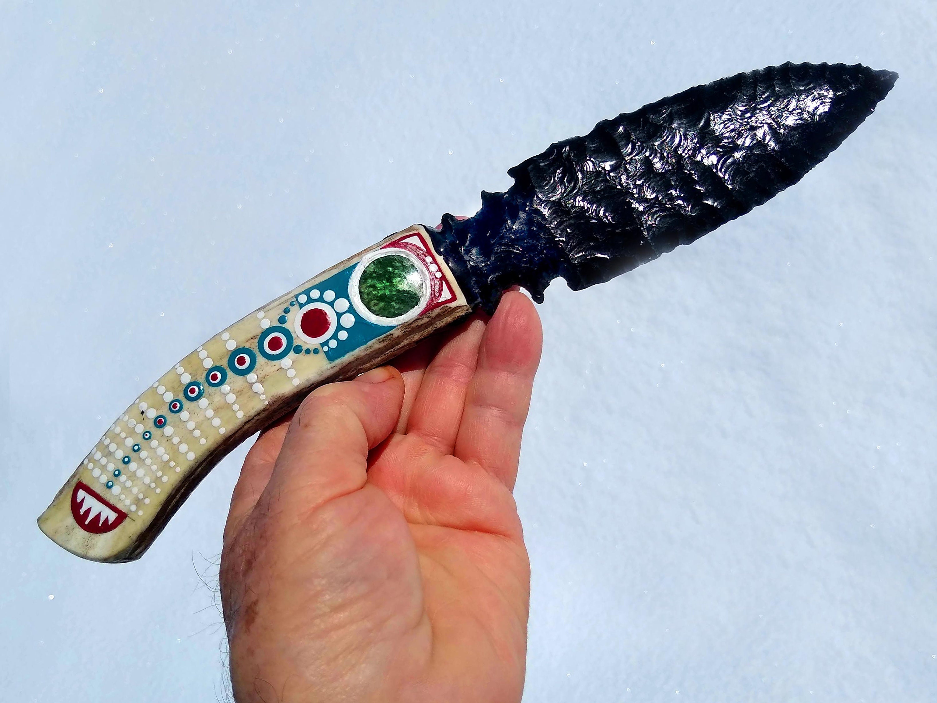 11 1/4 Aztec Style Obsidian Knife. With Hand Painted Design on Deer ...