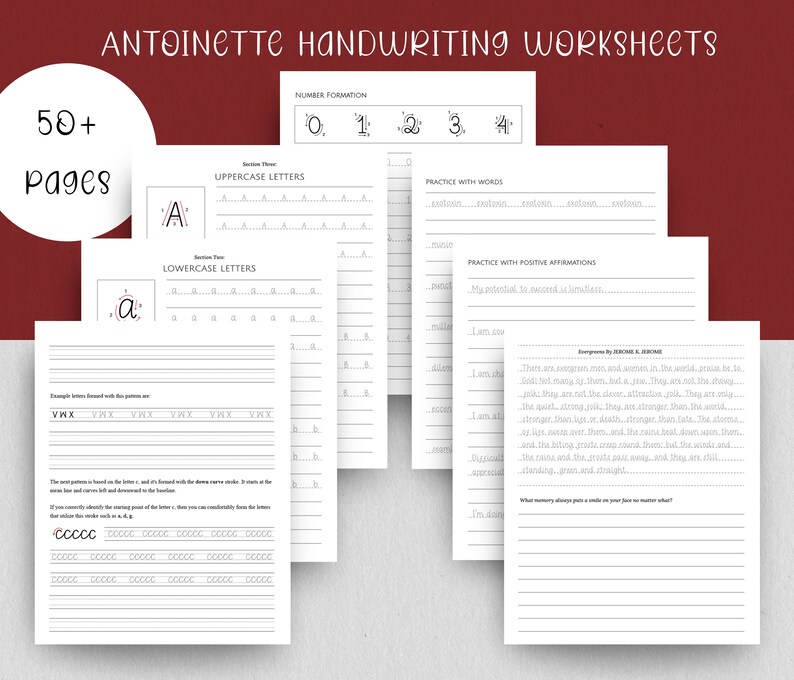 ANTOINETTE Handwriting Practice Sheets, Lowercase, Uppercase and Number ...