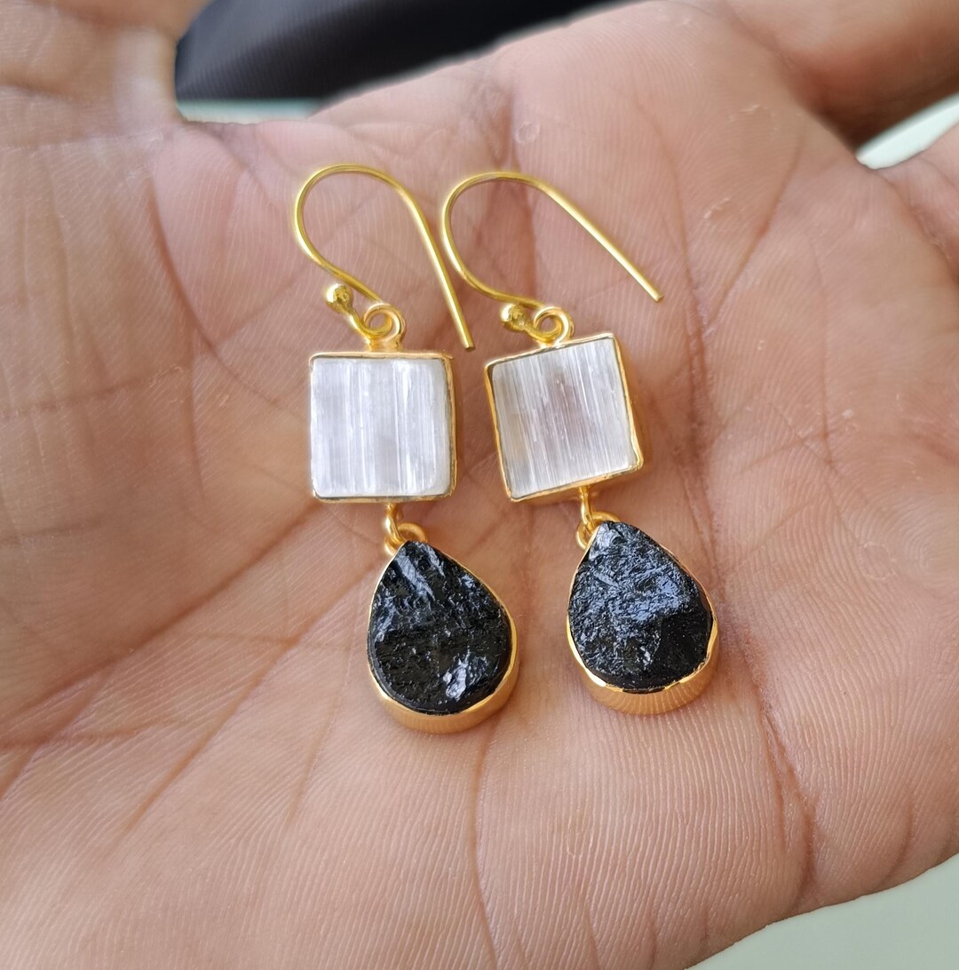 Gold Plated Selenite & Black Tourmaline Dangle Earrings - Etsy