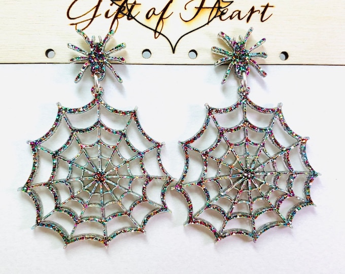 Spider Cobweb Acrylic Earrings, Glitter Halloween Statement Earrings ...