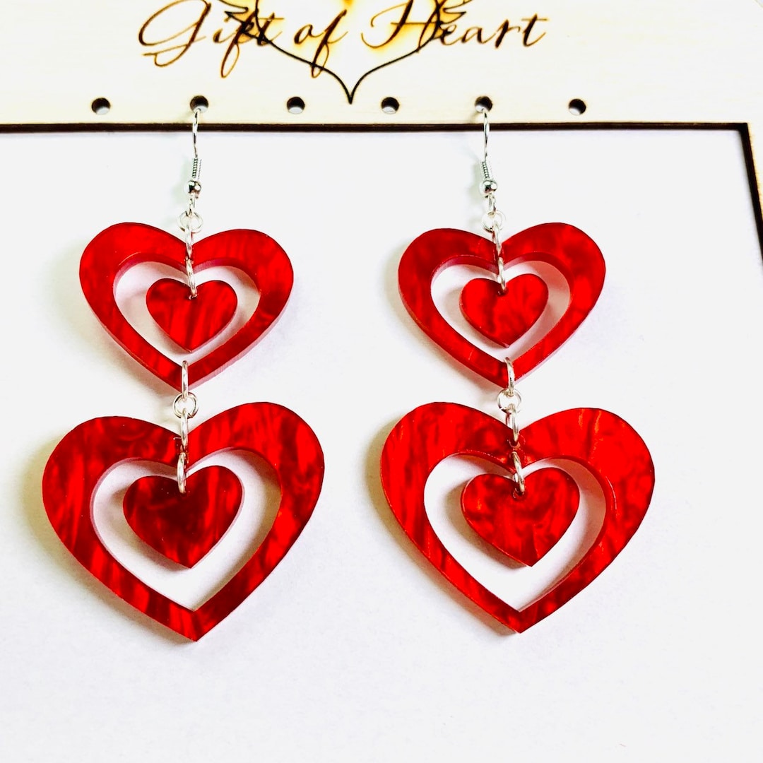 Red Nesting Hearts Acrylic Earrings, Laser Cut Love Statement Earrings ...