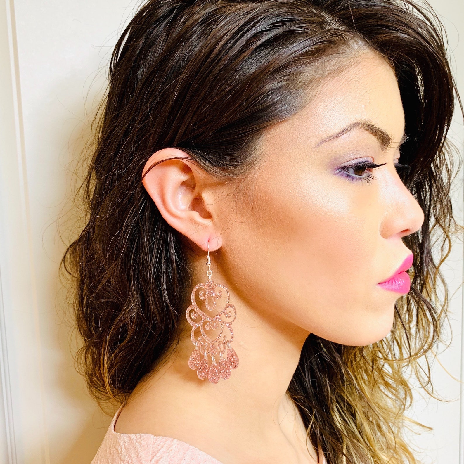 Laser Cut Pink Glitter Chandelier Acrylic Earrings, Statement Earrings ...