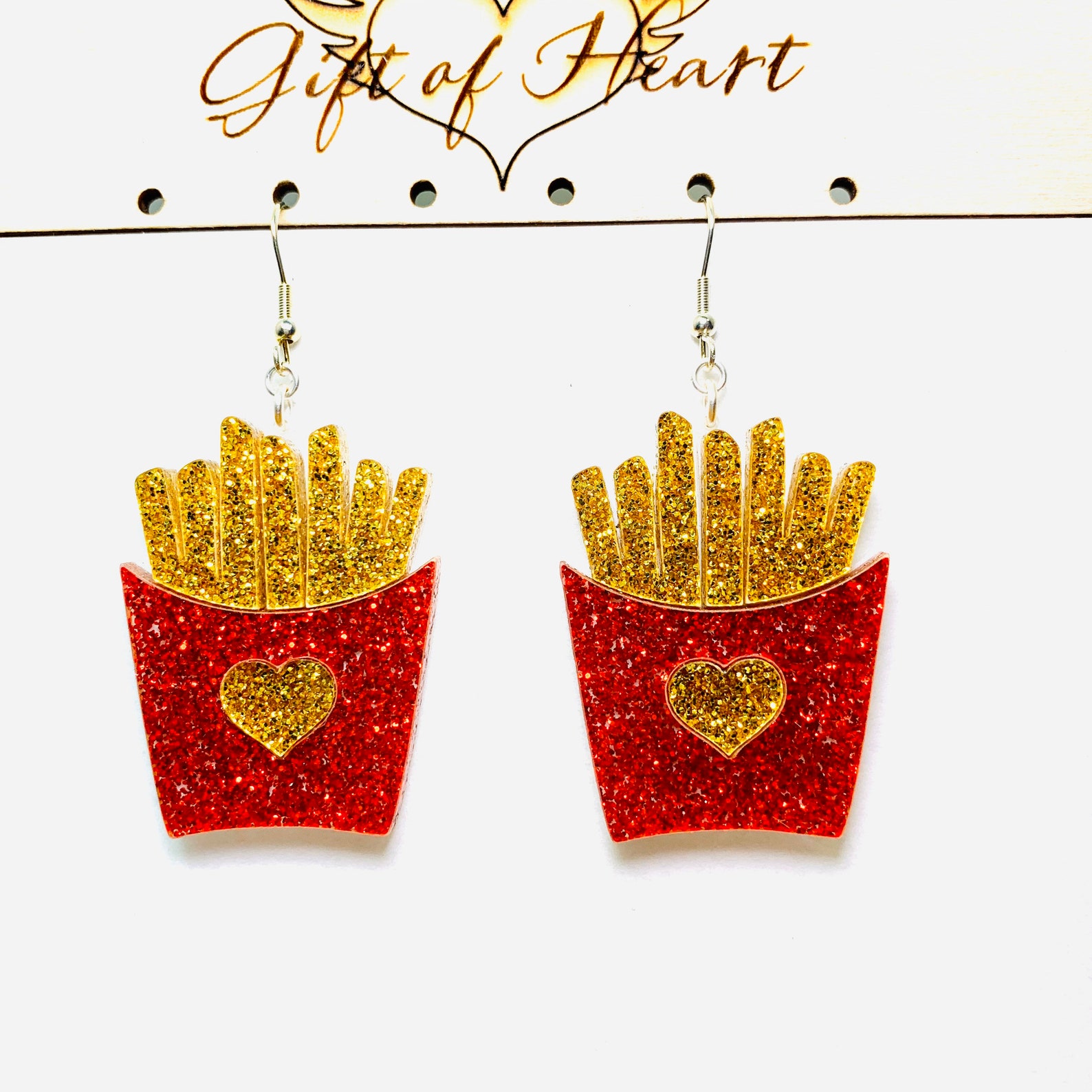 Red and Gold French Fries Acrylic Earrings, Food Glitter Statement ...