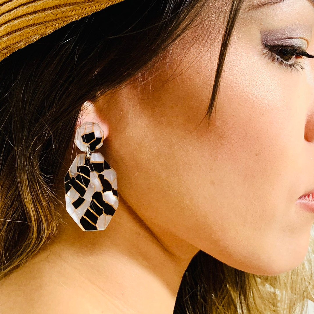 Black & White Graphic Statement Earrings, Laser Cut Acrylic Earrings ...