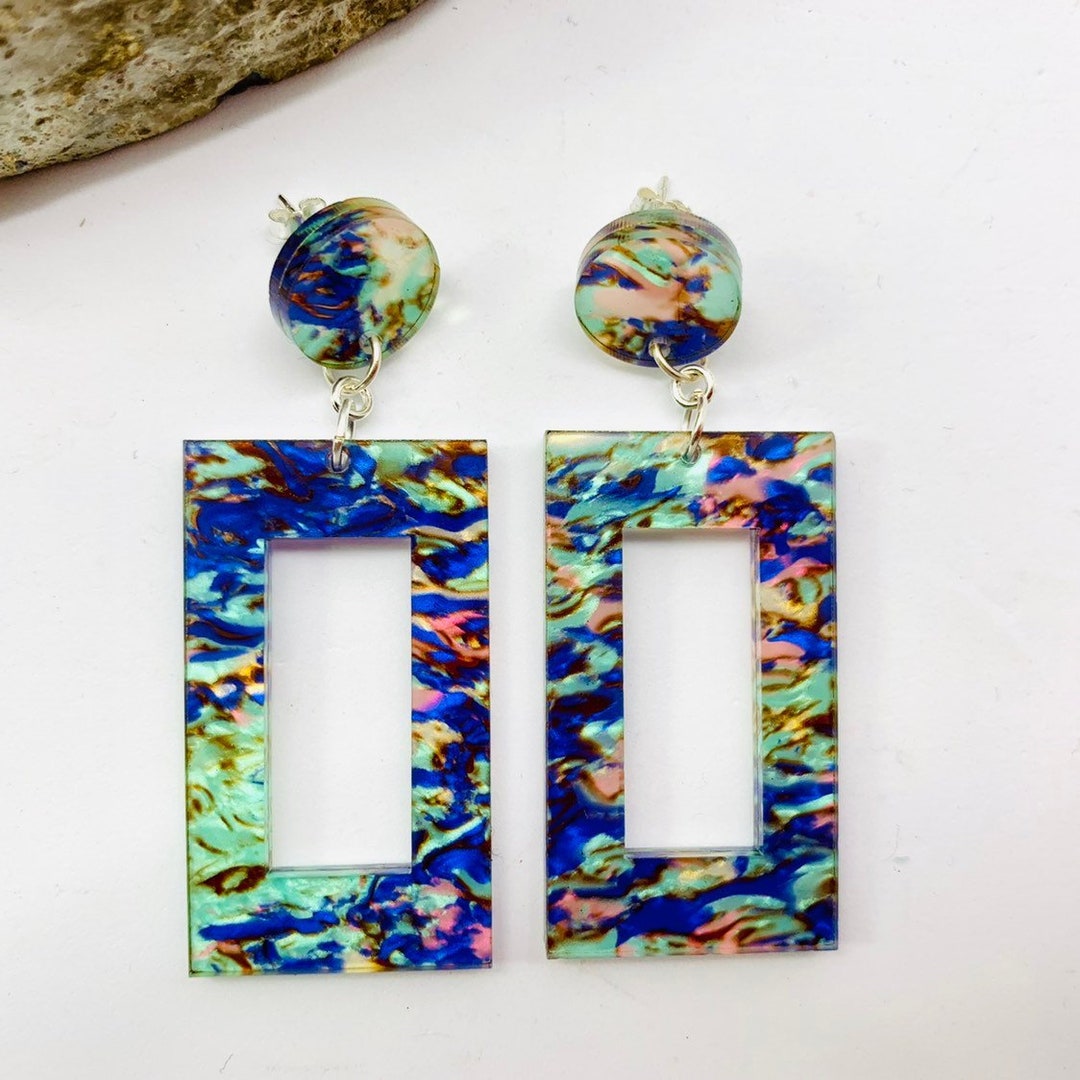 Laser Cut Deep Blue Sea Rectangle Acrylic Earrings, Multi-color ...