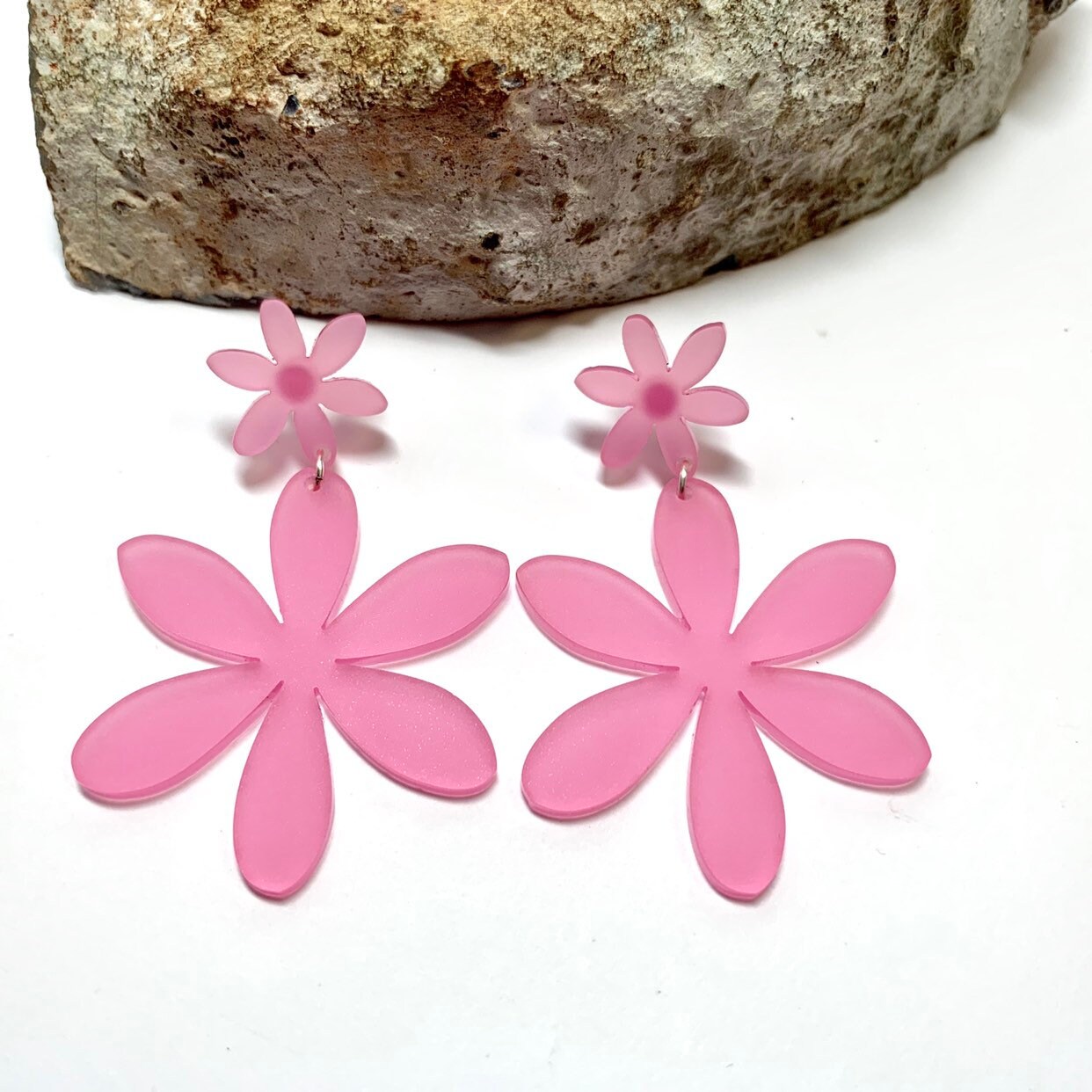 Laser Cut Pink Flower Acrylic Earrings, Floral Statement Earrings With ...