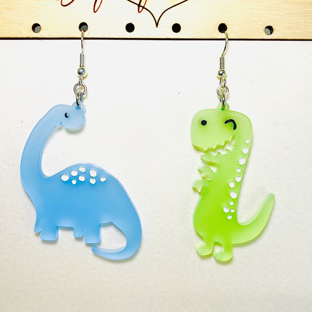 Kawaii Dinosaurs Acrylic Earrings, T Rex Brontosaurus Frosted Green and ...