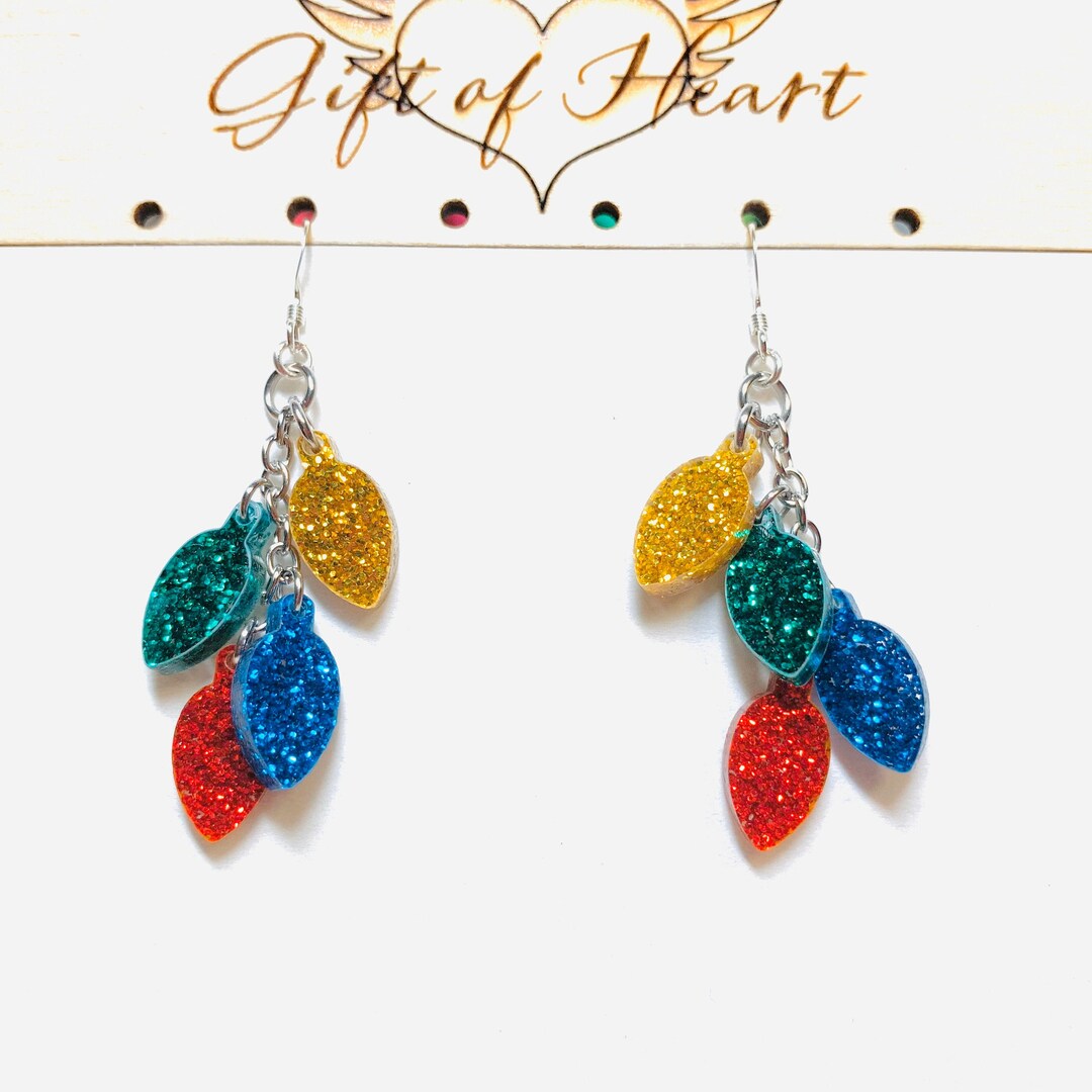 Miniature Christmas Lights Acrylic Earrings, Glitter Red Green Gold ...