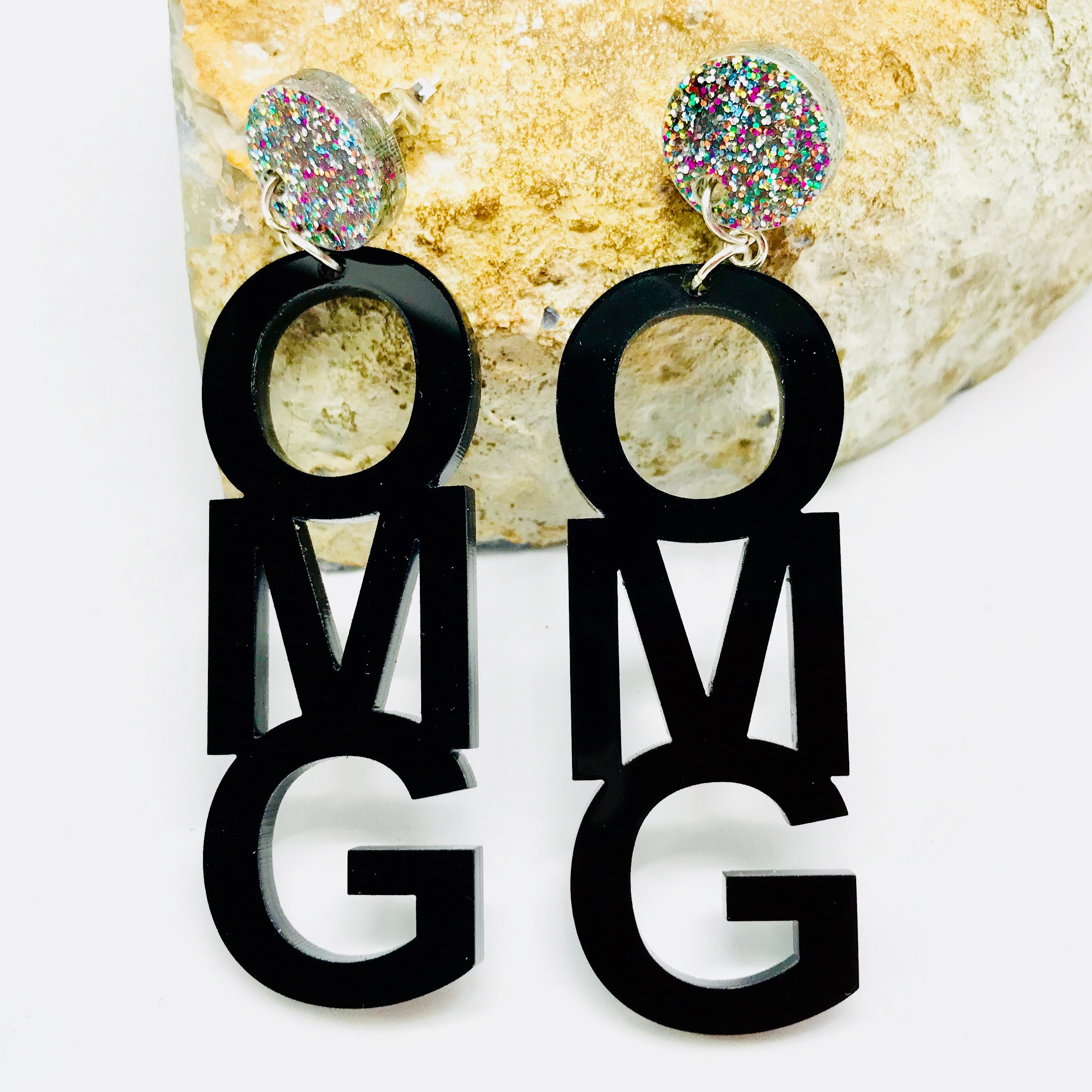 Laser Cut OMG Black Acrylic Earrings, Glitter Earrings, Statement ...