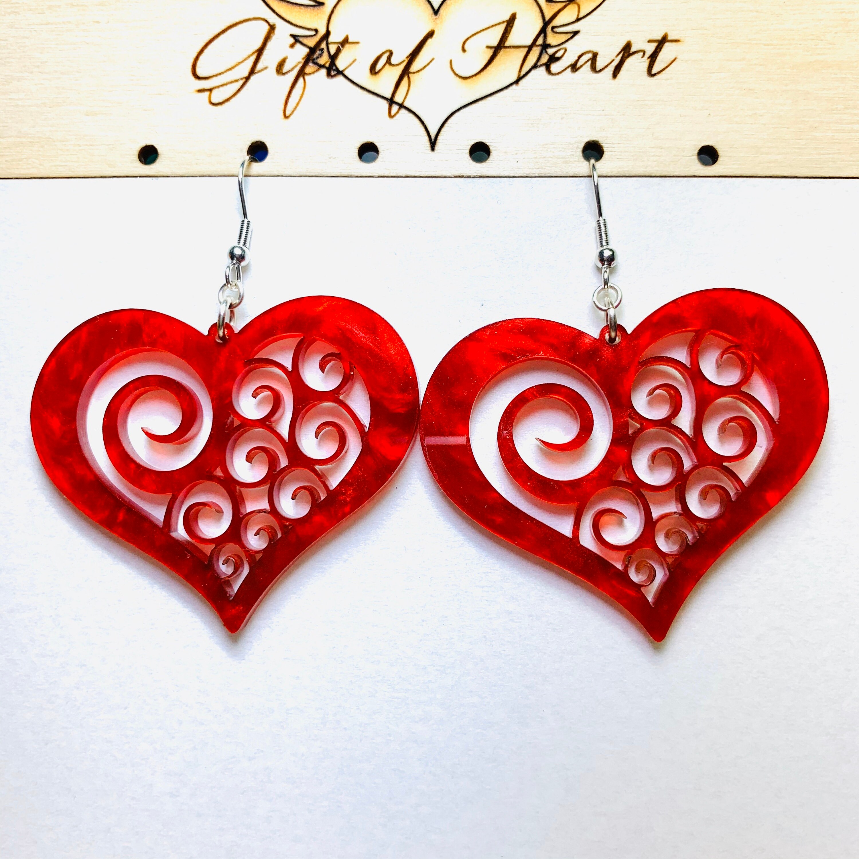 Red Scrolly Heart Acrylic Earrings Valentines Day Love - Etsy