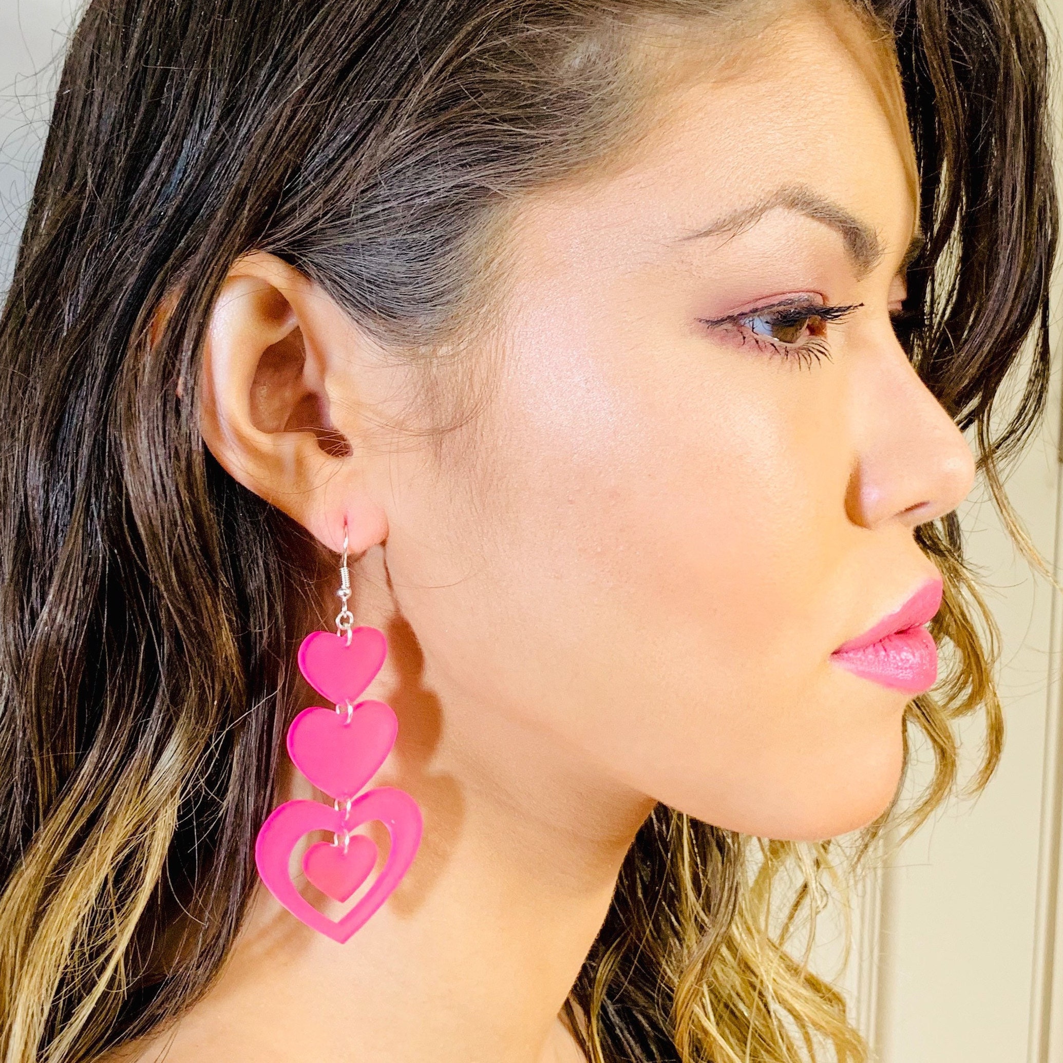 Frosted Pink Nesting Hearts Acrylic Earrings Laser Cut Heart | Etsy