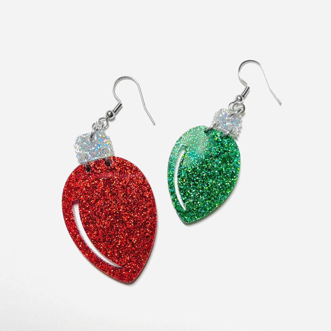 Christmas Lights Acrylic Earrings, Glitter Red Green Bulbs Statement ...
