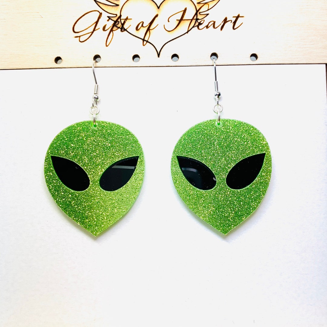Green Alien Acrylic Earrings, Extraterrestrial Space Statement Earrings ...