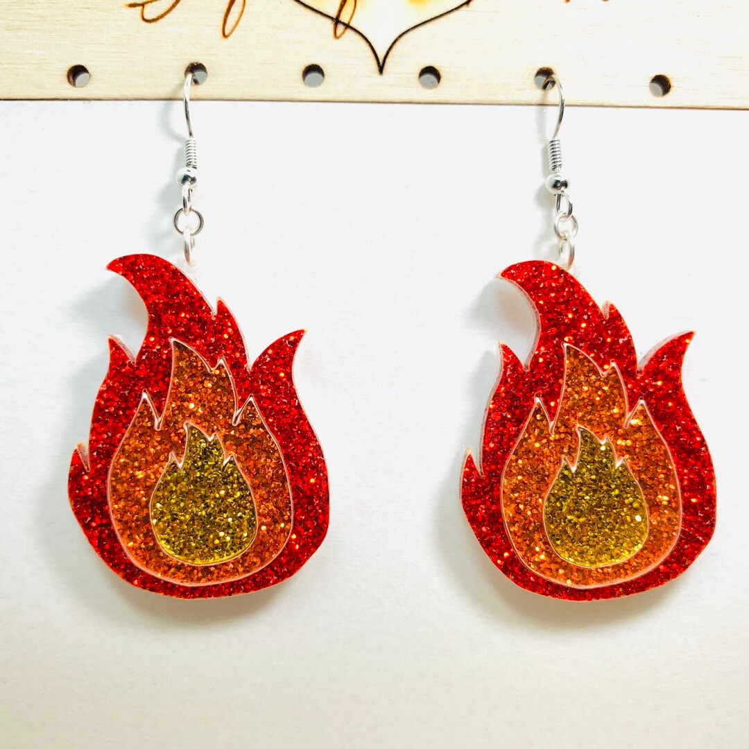 Red Orange and Gold Flame Acrylic Earrings, Fiery Fire Statement ...