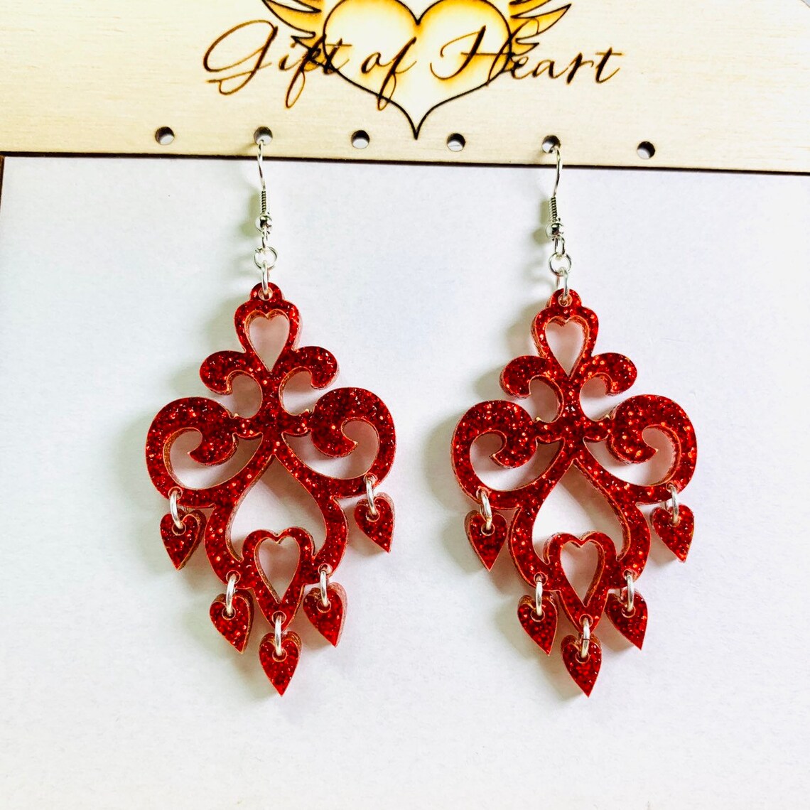 Laser Cut Red Glitter Chandelier Acrylic Earrings, Love Statement ...