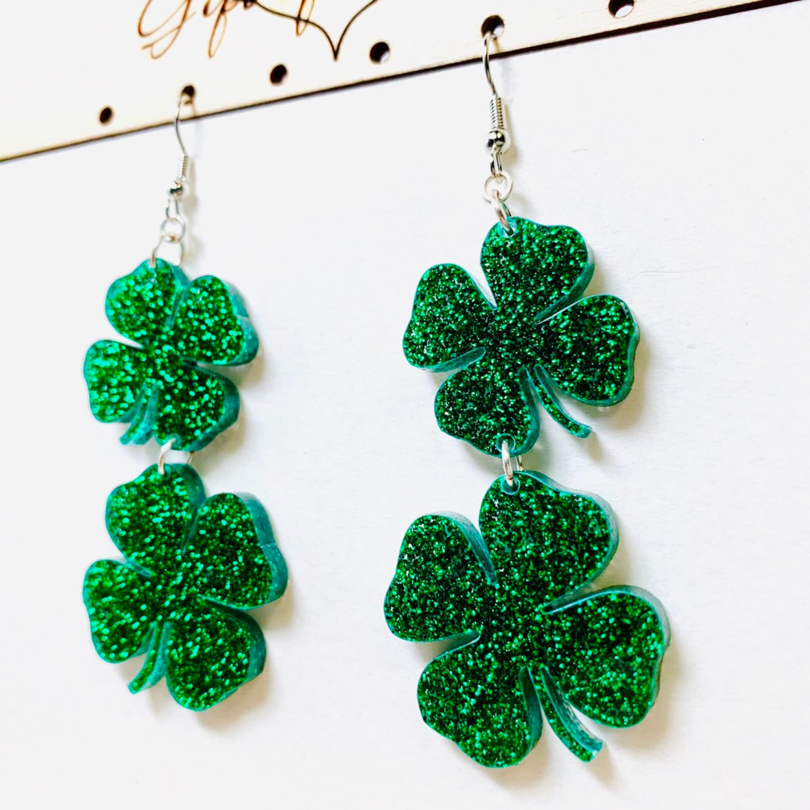 Green Glitter Double Shamrock Acrylic Earrings, St. Patrick's Day Four ...