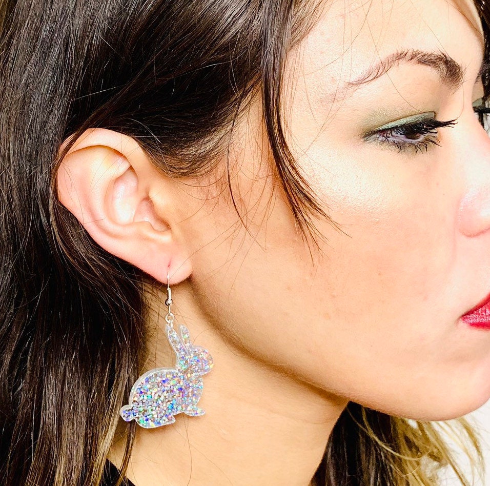 Laser Cut Rainbow Glitter Rabbit Acrylic Earrings Easter - Etsy