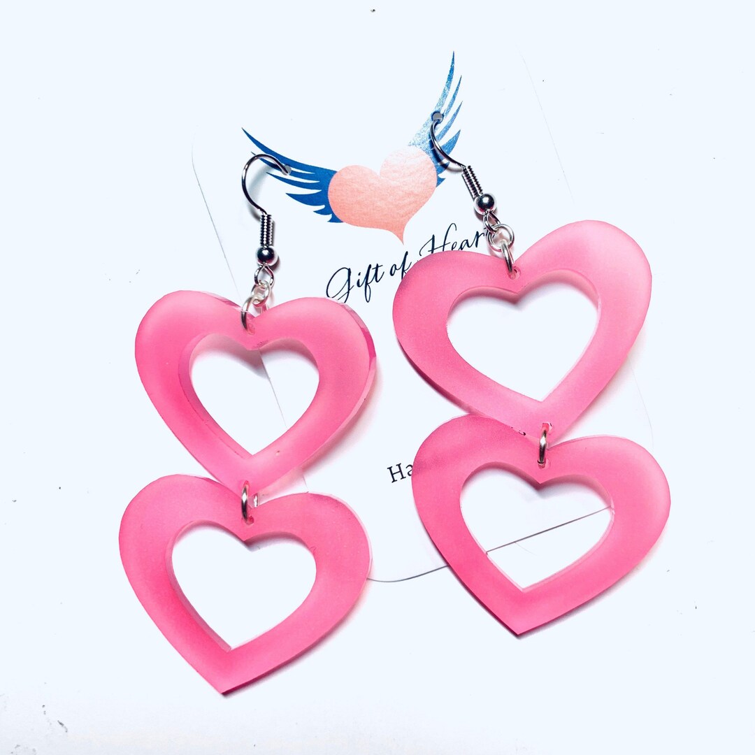 Double Pink Hearts Valentines Day Acrylic Earrings, Love Statement ...