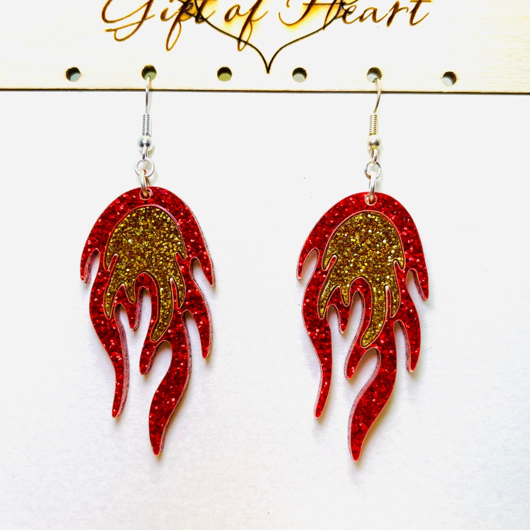 Fire Flame Acrylic Earrings, Red and Gold Glitter Acrylic Earrings ...