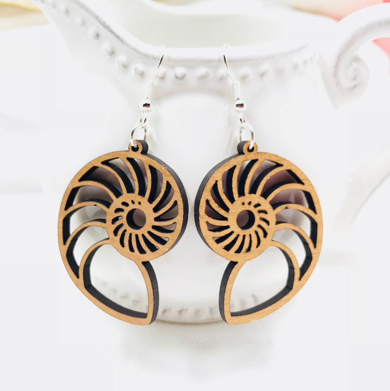 Laser Cut Intricate Seashell Dangle Wood Earrings, Wooden Boho Earrings ...