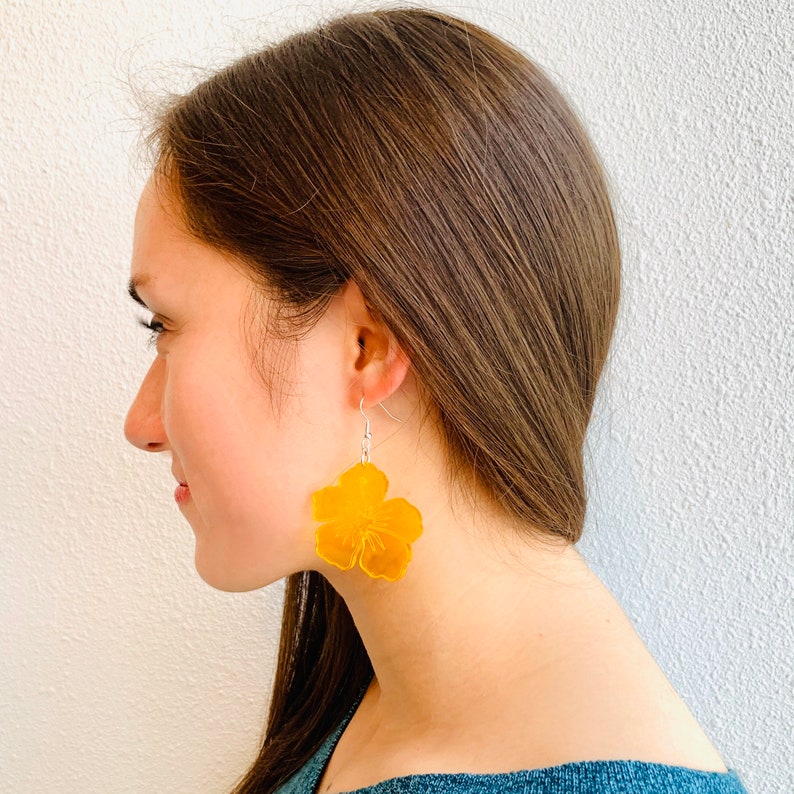 Yellow Hibiscus Flower Acrylic Earrings, Tropical Floral Statement ...
