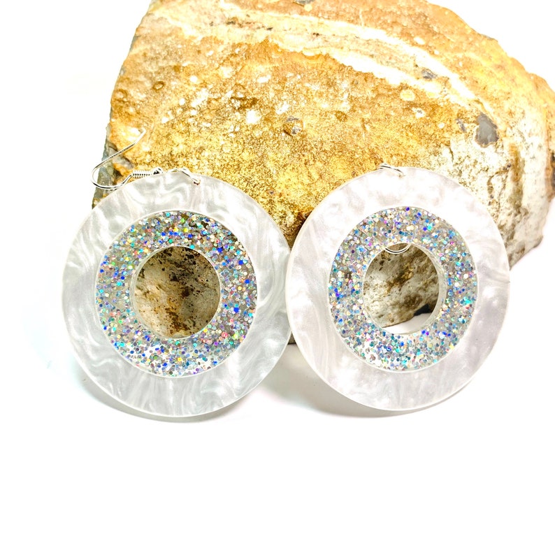 Laser Cut White Acrylic Hoop Earrings Rainbow Glitter - Etsy