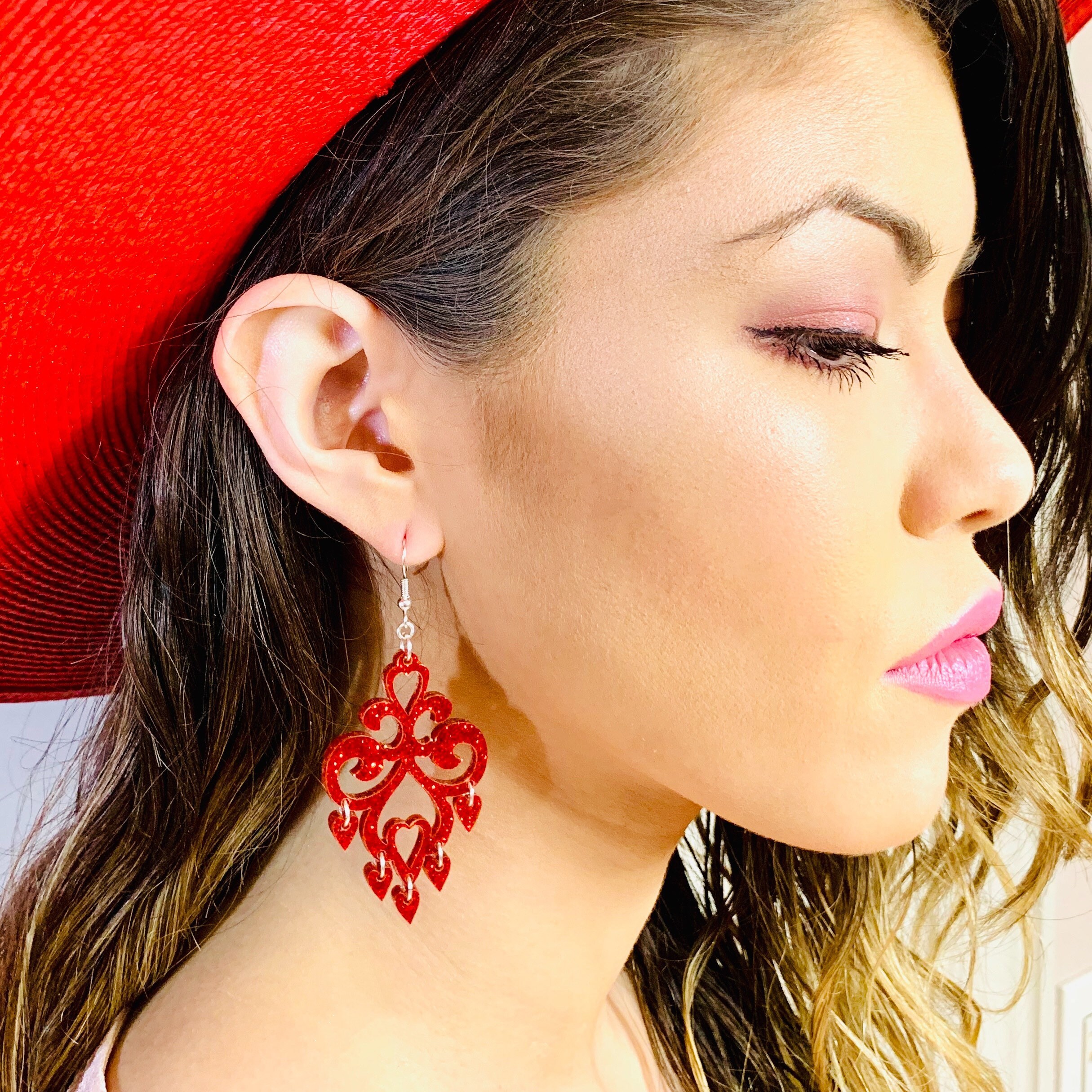 Laser Cut Red Glitter Chandelier Acrylic Earrings, Love Statement ...