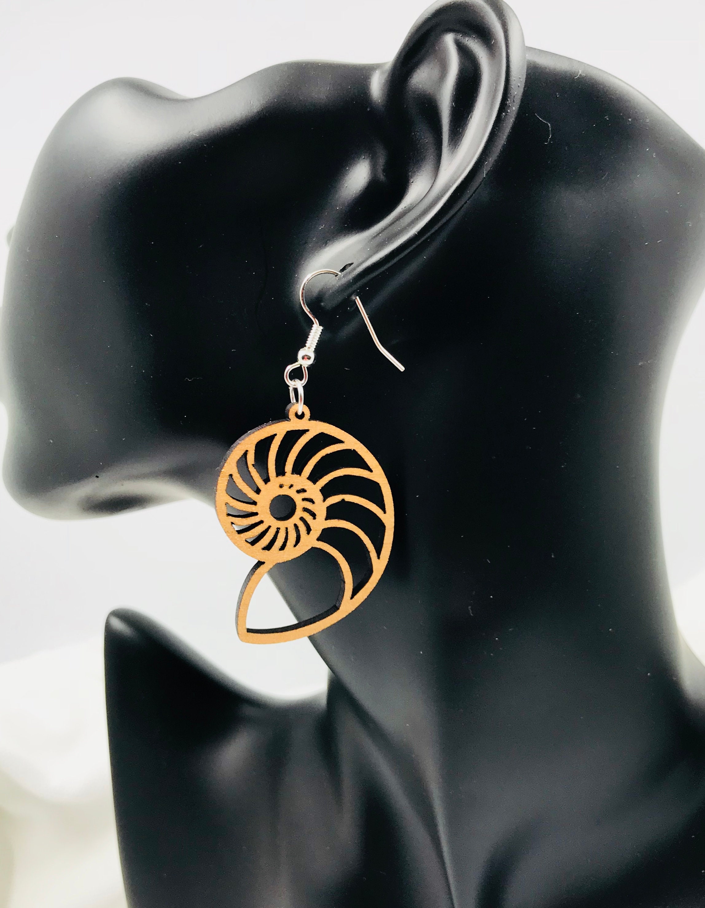 Laser Cut Intricate Seashell Dangle Wood Earrings, Wooden Boho Earrings ...