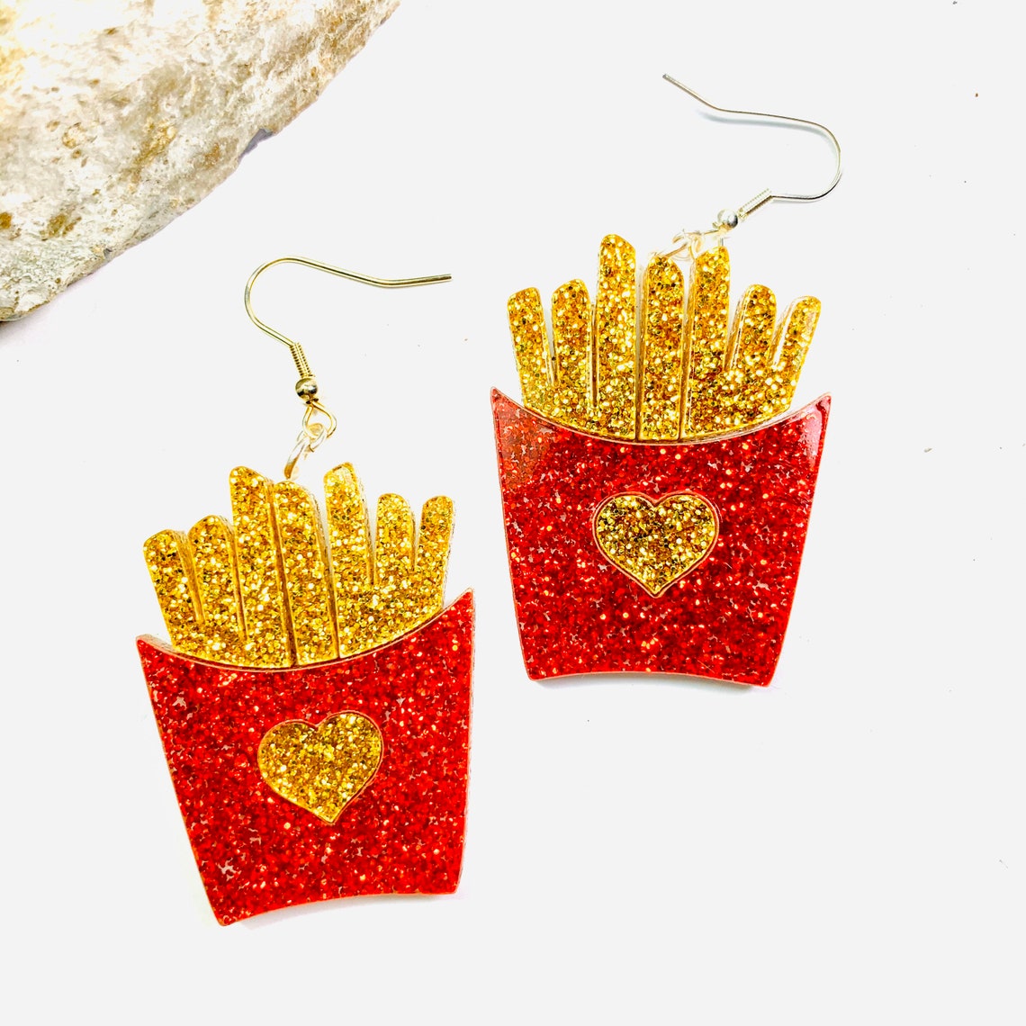 Red and Gold French Fries Acrylic Earrings Food Glitter - Etsy