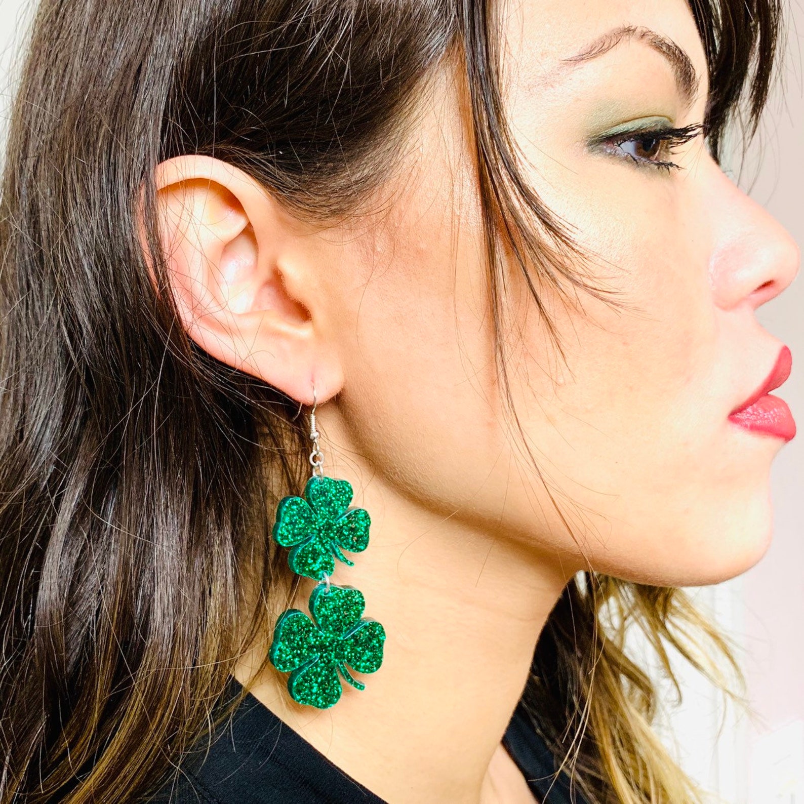 Green Glitter Double Shamrock Acrylic Earrings, St. Patrick's Day Four ...