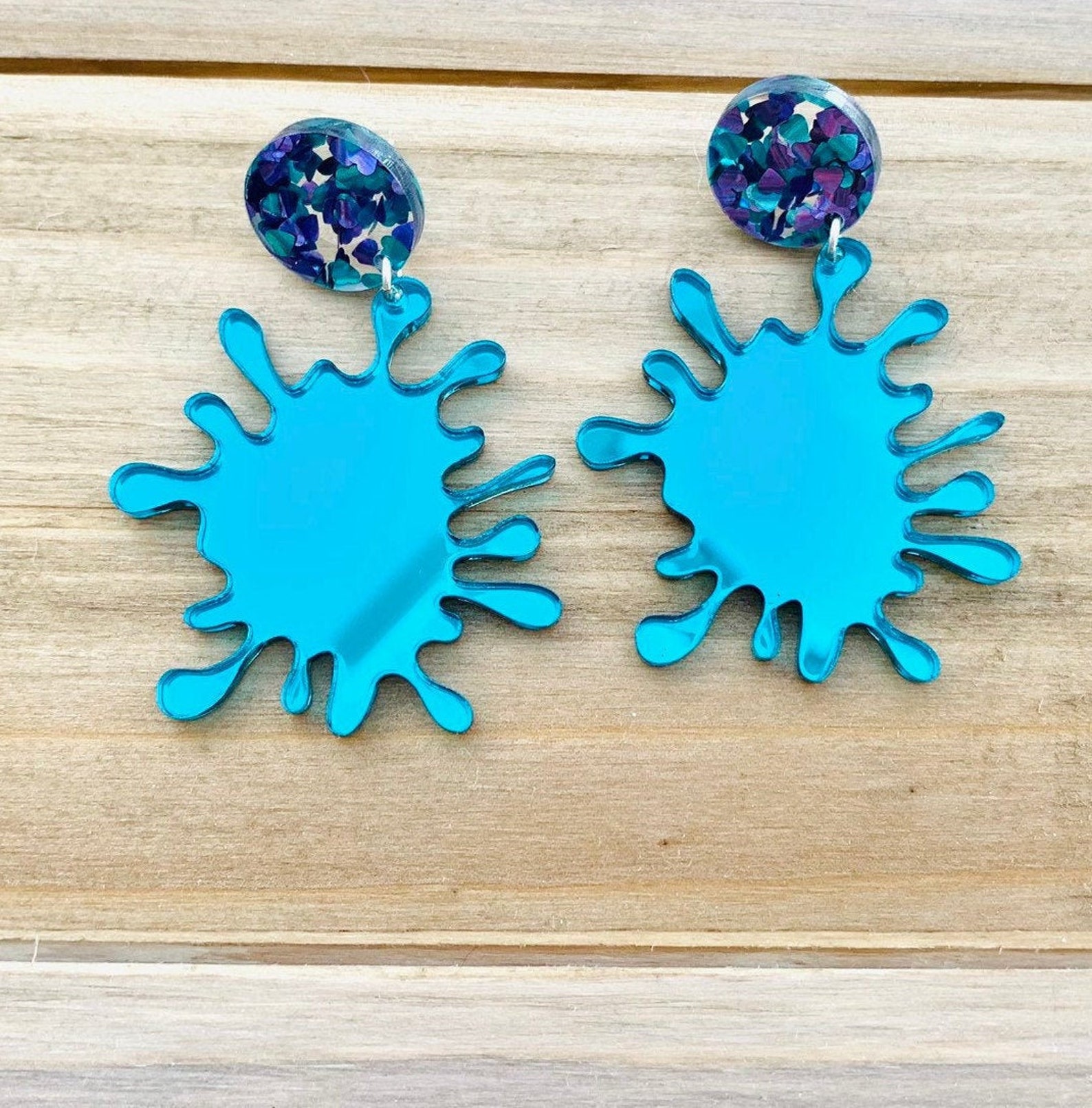 Teal Splat Acrylic Earrings Abstract Statement Earrings With | Etsy