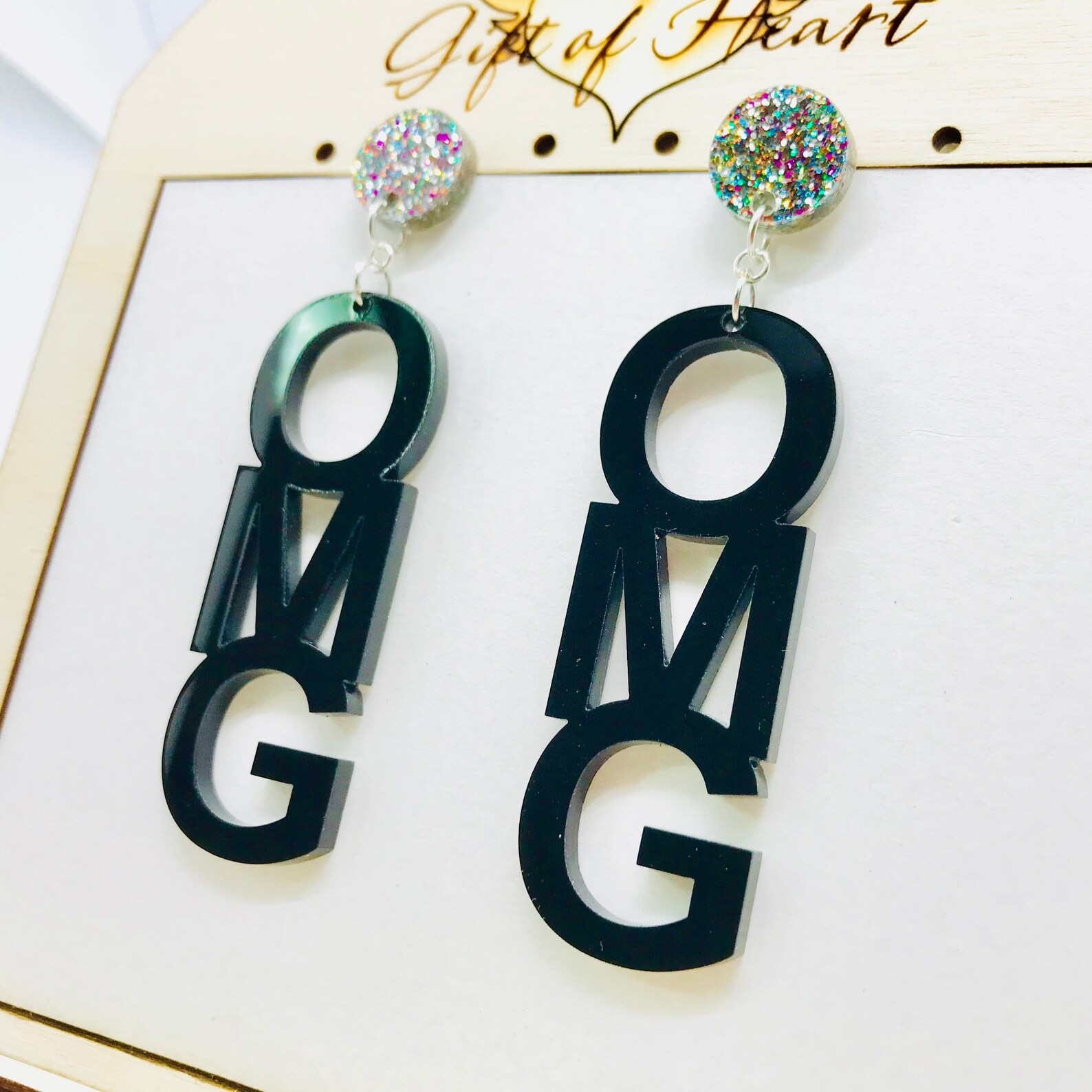Laser Cut OMG Black Acrylic Earrings, Glitter Earrings, Statement ...