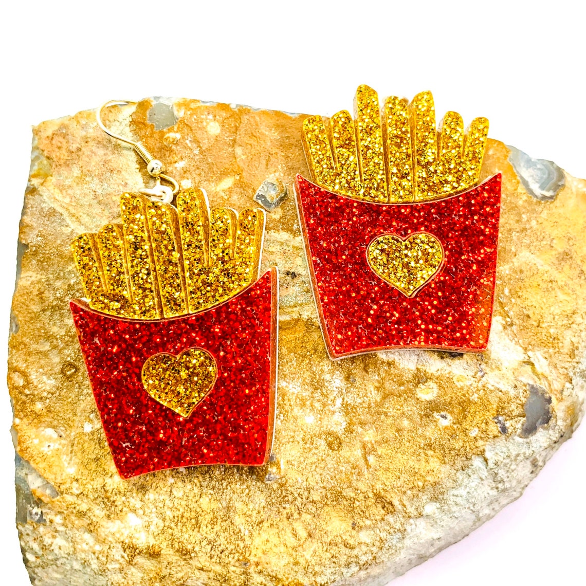 Red and Gold French Fries Acrylic Earrings Food Glitter - Etsy