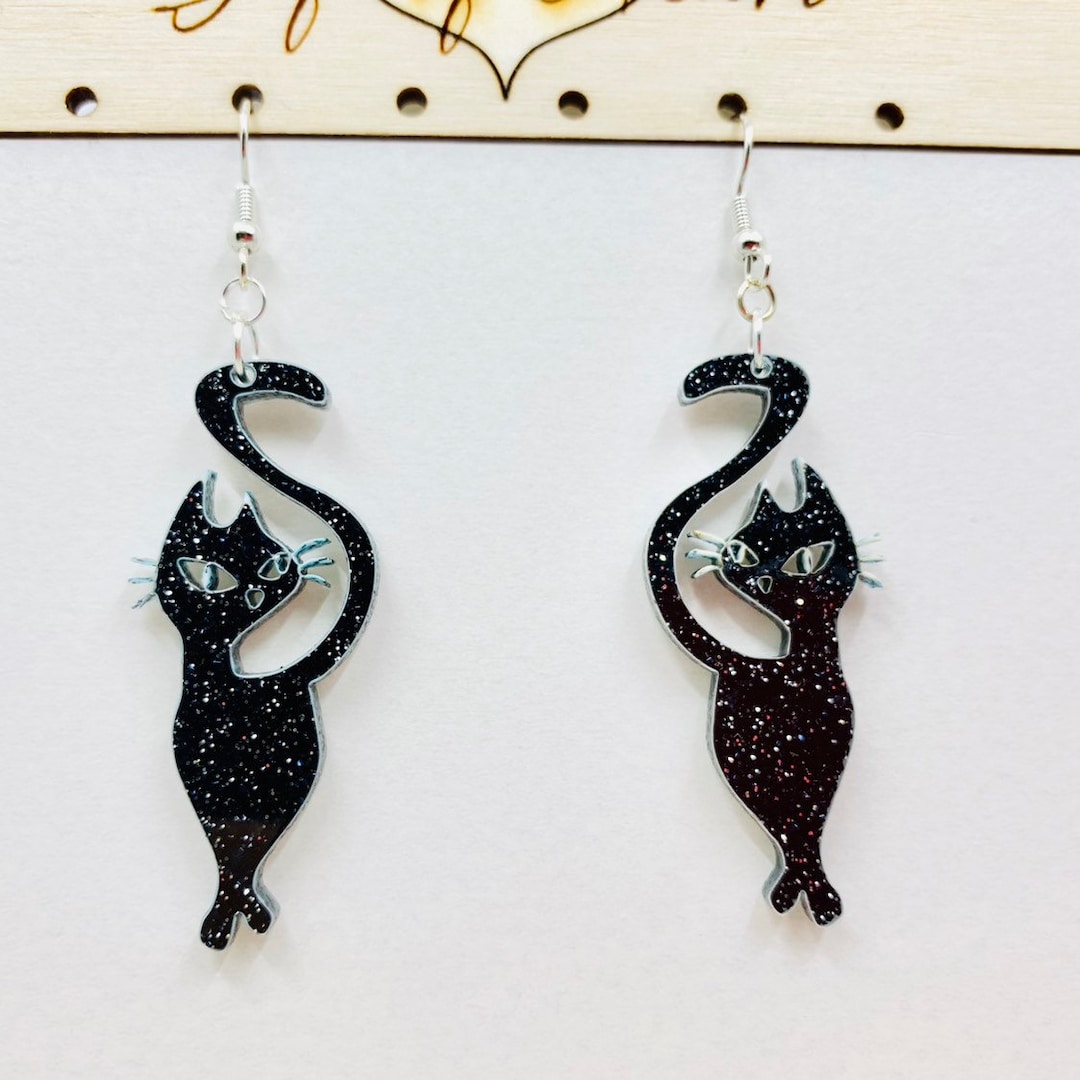 Sassy Black Glitter Cat Acrylic Earrings, Feline Statement Earrings ...