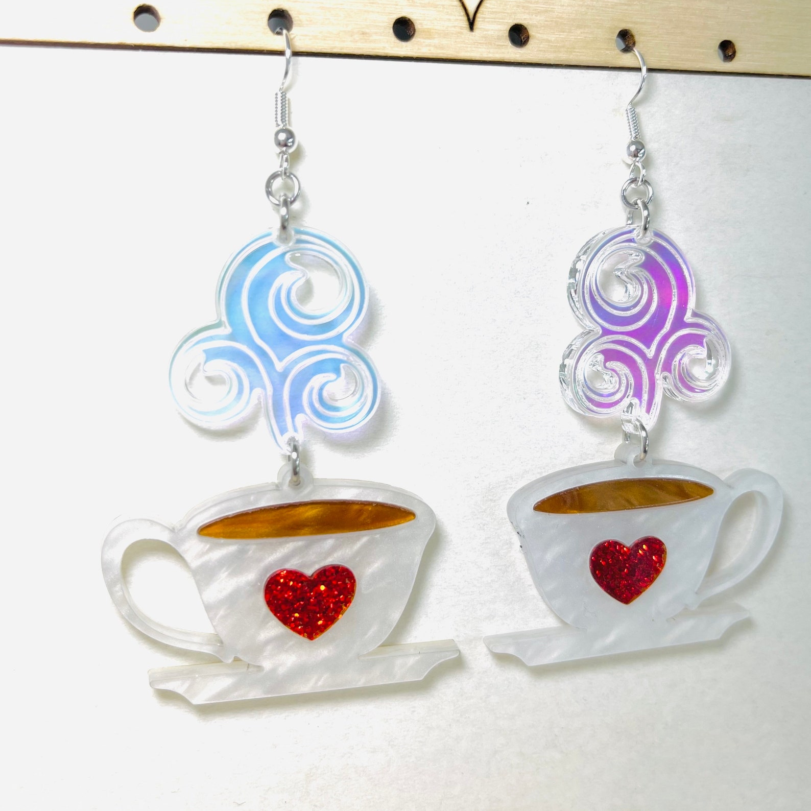 Cup of Coffee With Steam Acrylic Earrings, White Pearlescent Cup of Tea ...