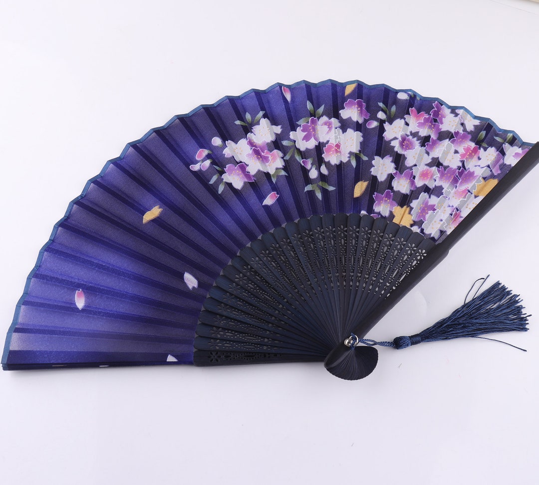 Blue Hand Fans With Tassels Silk Fans Party Favor Floral Flower ...