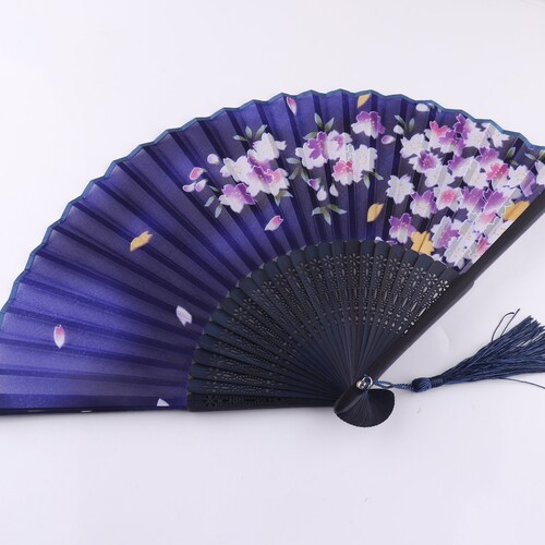 Blue Hand Fans With Tassels Silk Fans Party Favor Floral - Etsy