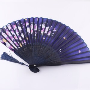 Blue Hand Fans With Tassels Silk Fans Party Favor Floral Flower ...