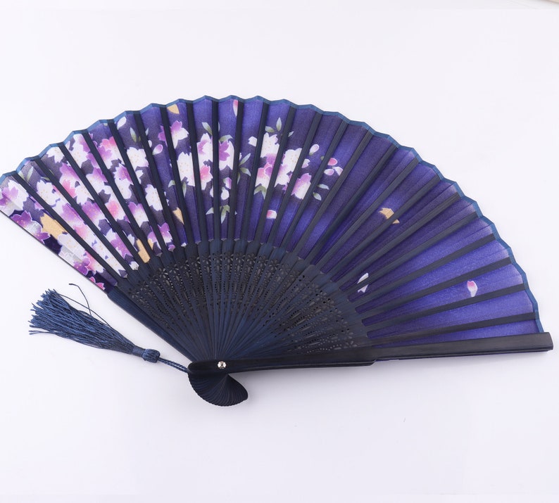 Blue Hand Fans With Tassels Silk Fans Party Favor Floral - Etsy